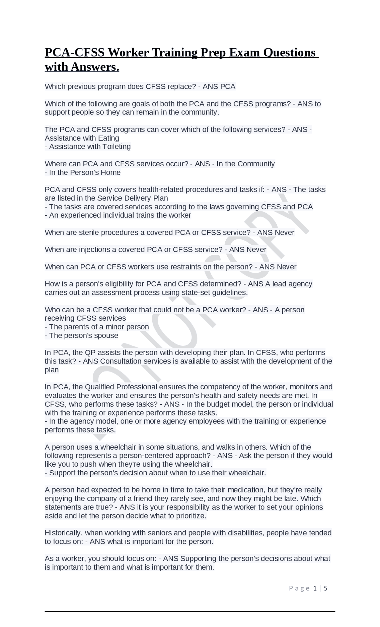 PCA-CFSS Worker Training Prep Exam Questions with Answers. | Exams ...