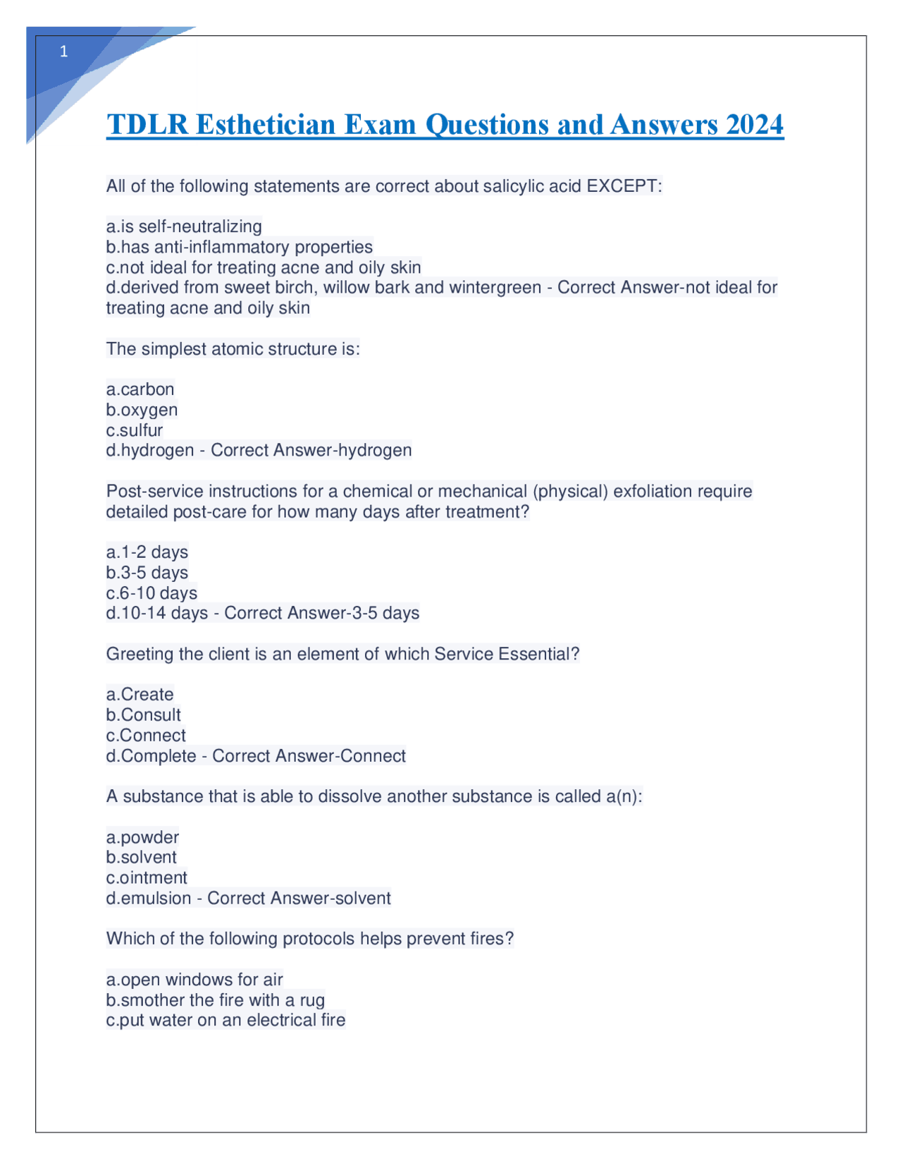 TDLR Esthetician Exam Questions and Answers 2024 | Exams Nursing | Docsity