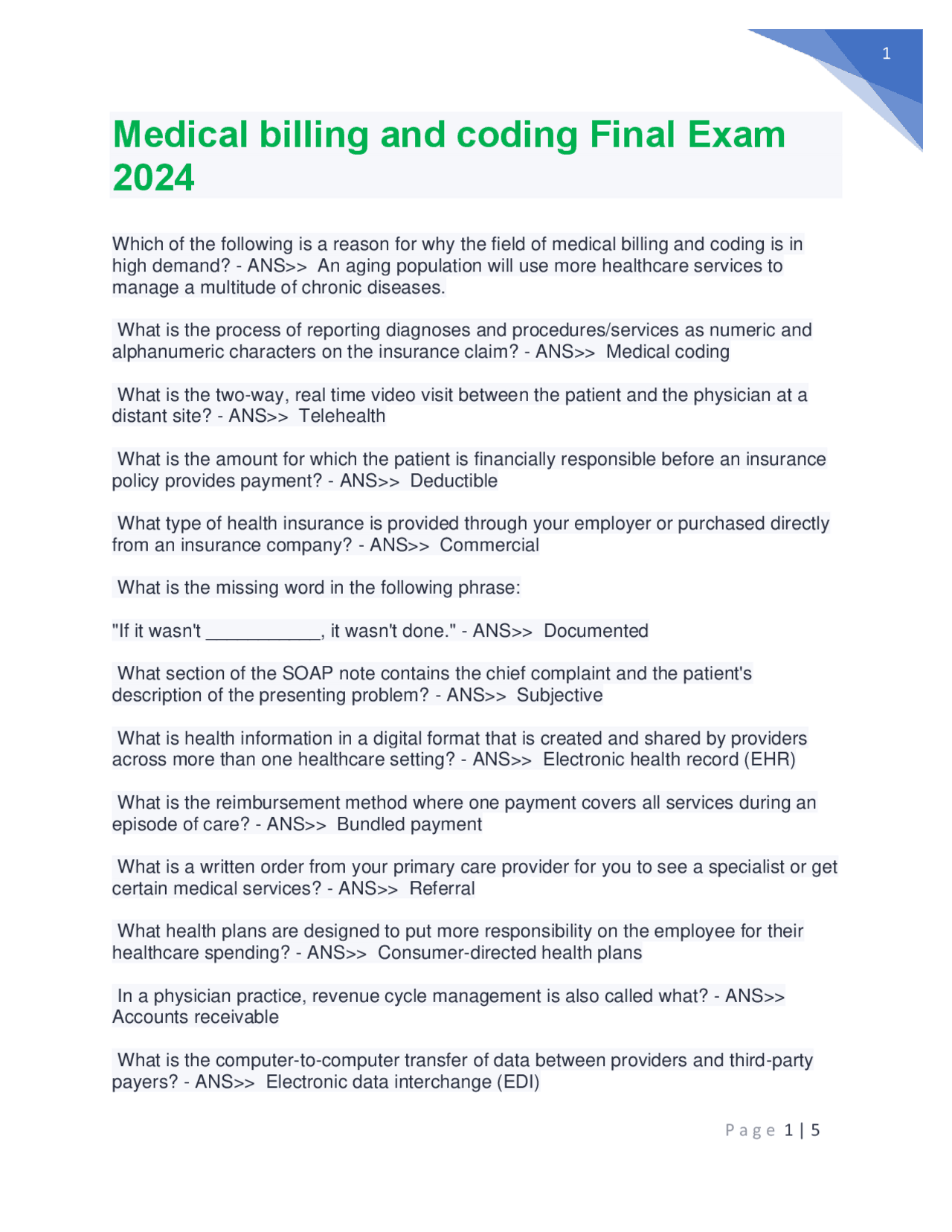 Medical Billing and Coding Final Exam Questions and Answers | Exams ...