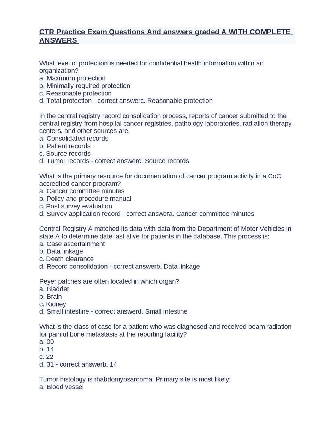 CTR Practice Exam Questions and Answers for Cancer Registry | Exams ...