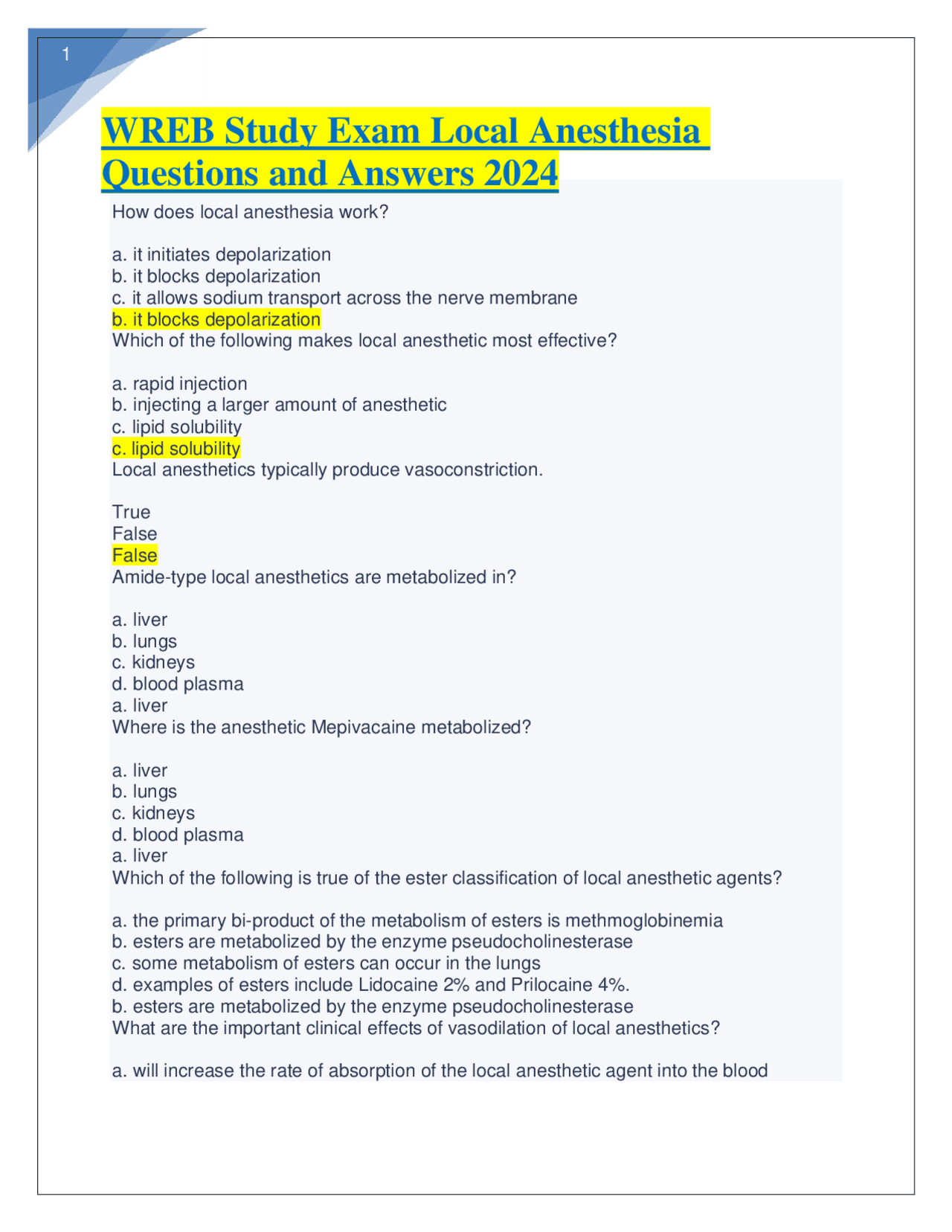 WREB Study Exam Local Anesthesia Questions and Answers 2024 | Exams ...