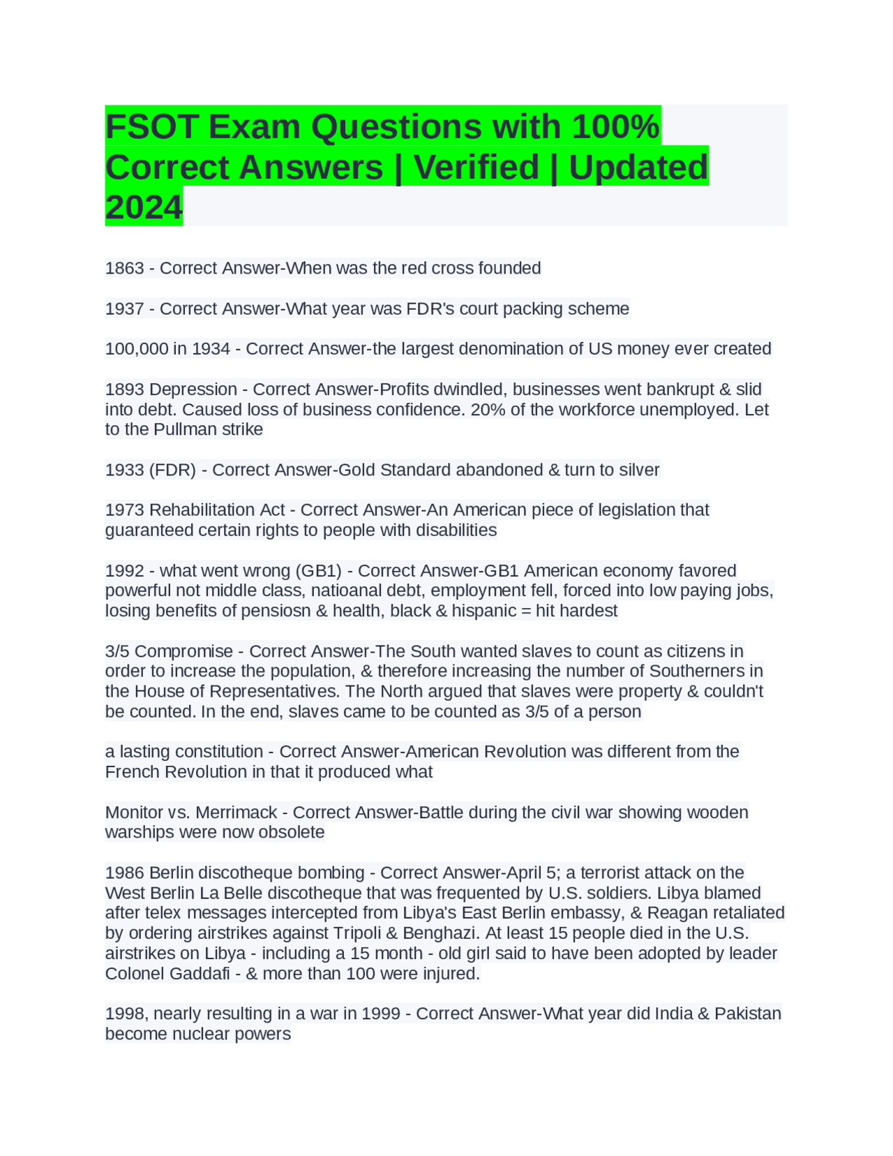 FSOT Exam Questions with 100% Correct Answers | Verified | Updated 2024 ...