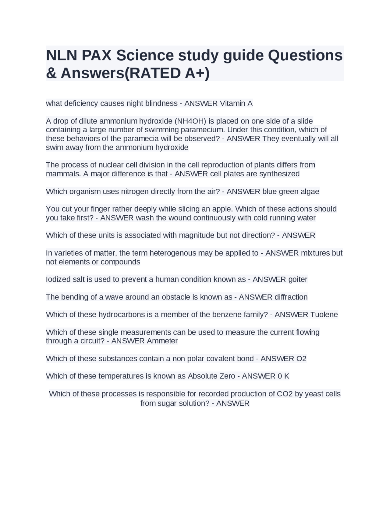 NLN PAX Science Study Guide: Questions and Answers | Exams Biology ...