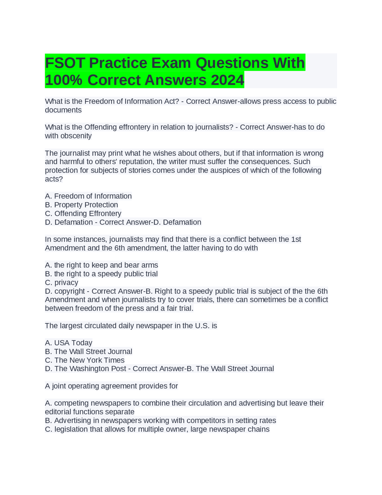FSOT Practice Exam Questions With 100% Correct Answers 2024 | Exams ... FSOT Practice Exam Questions With 100% Correct Answers 2024 | Exams ...