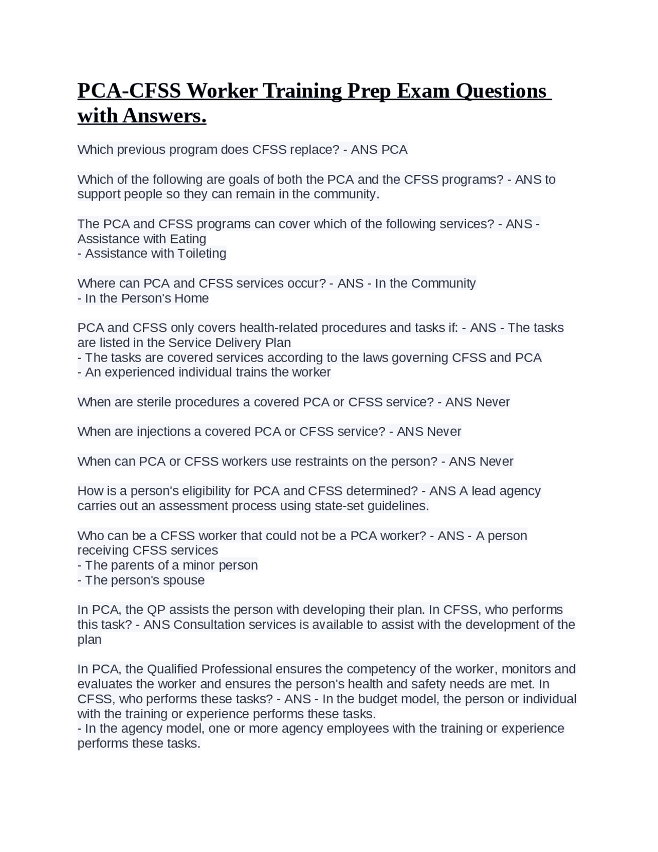 PCA-CFSS Worker Training Prep Exam Questions with Answers. | Exams ...