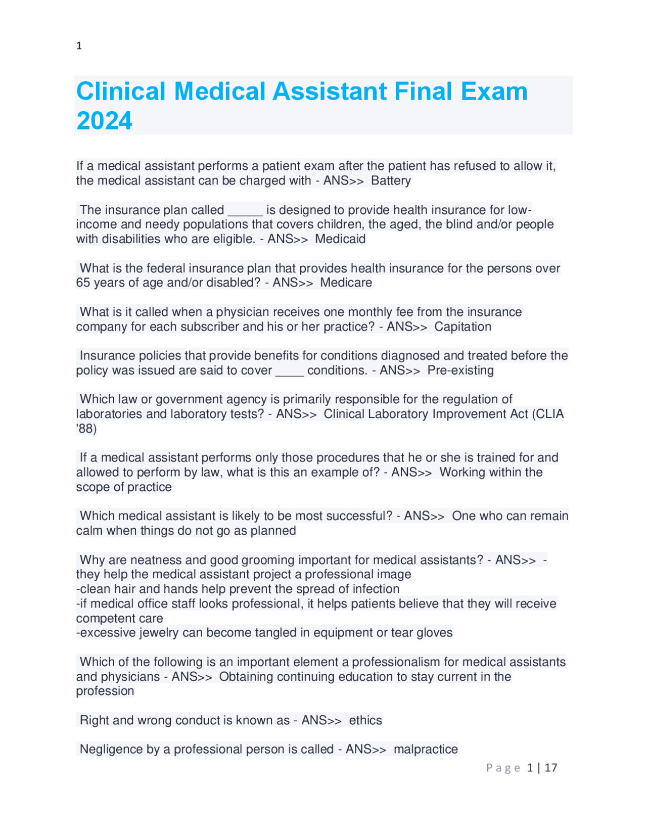 Clinical Medical Assistant Final Exam 2024. | Exams Medicine | Docsity