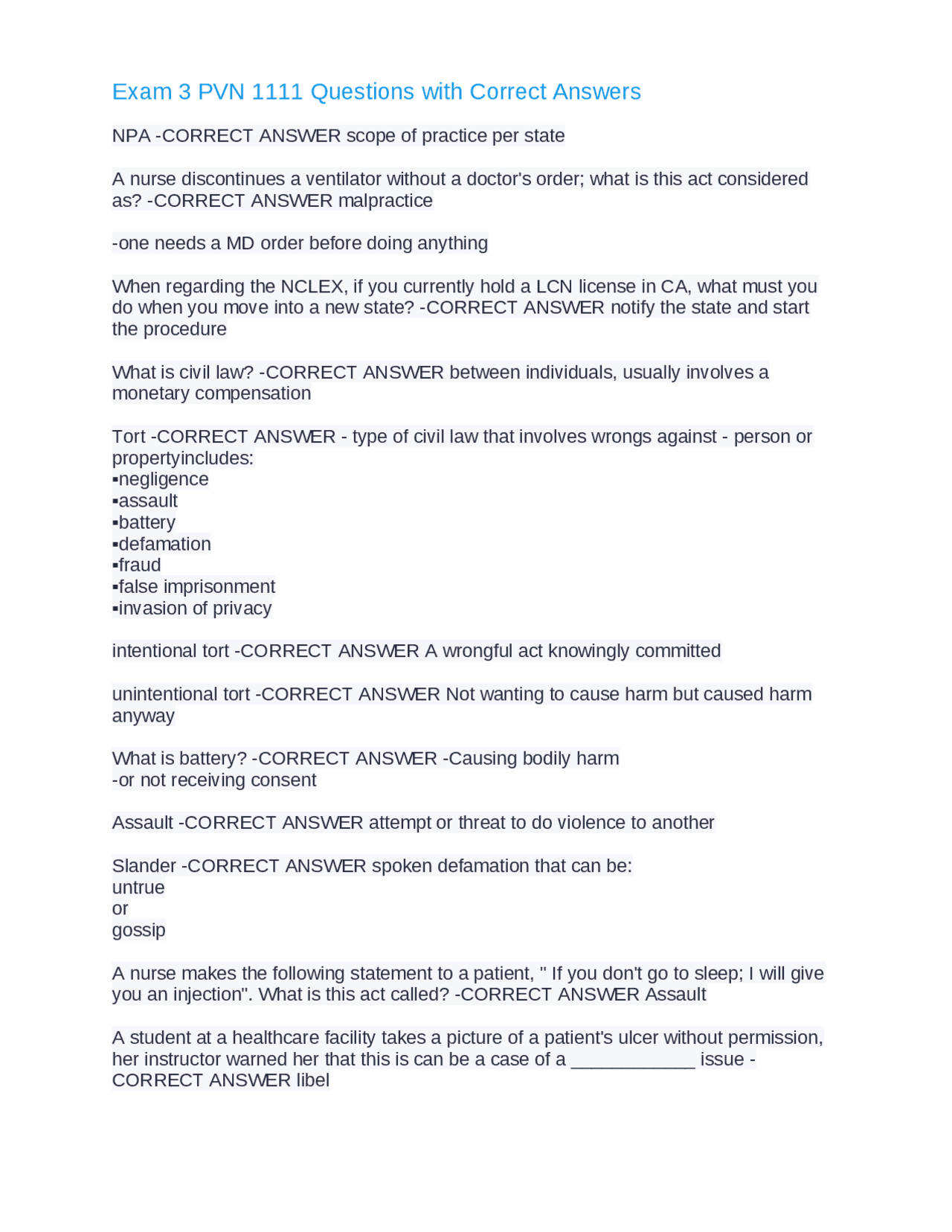 Exam Questions: Nursing Ethics, Law, and Patient Rights | Exams ...