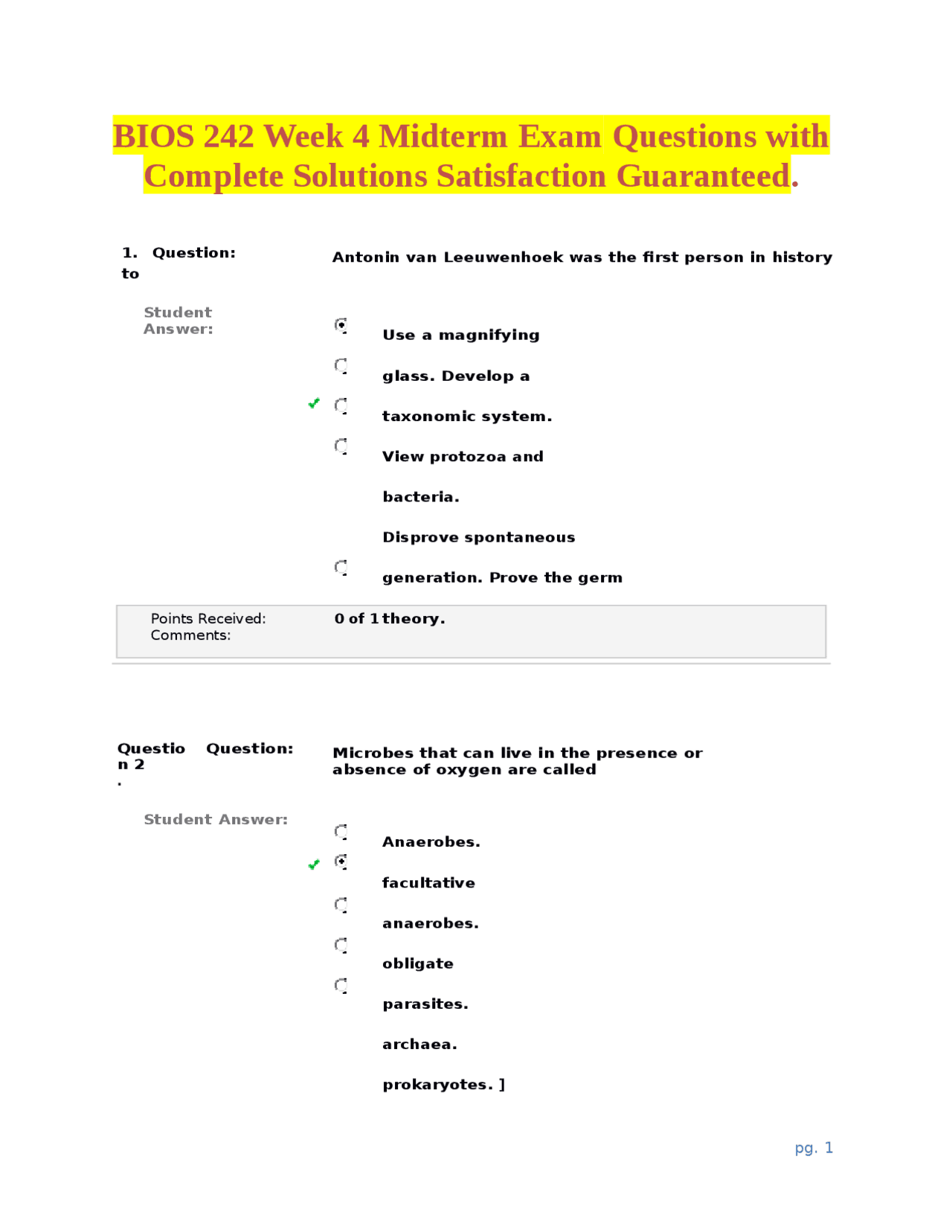 Midterm Exam Questions And Answers For Bios 242 Microbiology With Solutions Exams Nursing