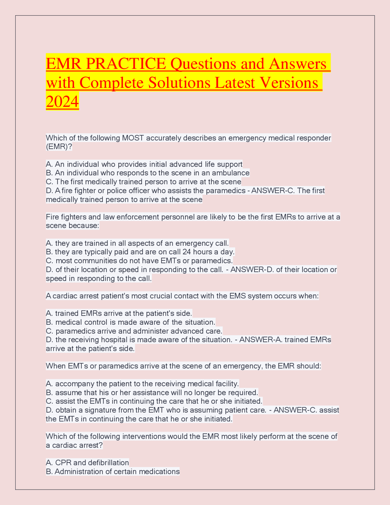 EMR PRACTICE Questions and Answers with Complete Solutions Latest ...
