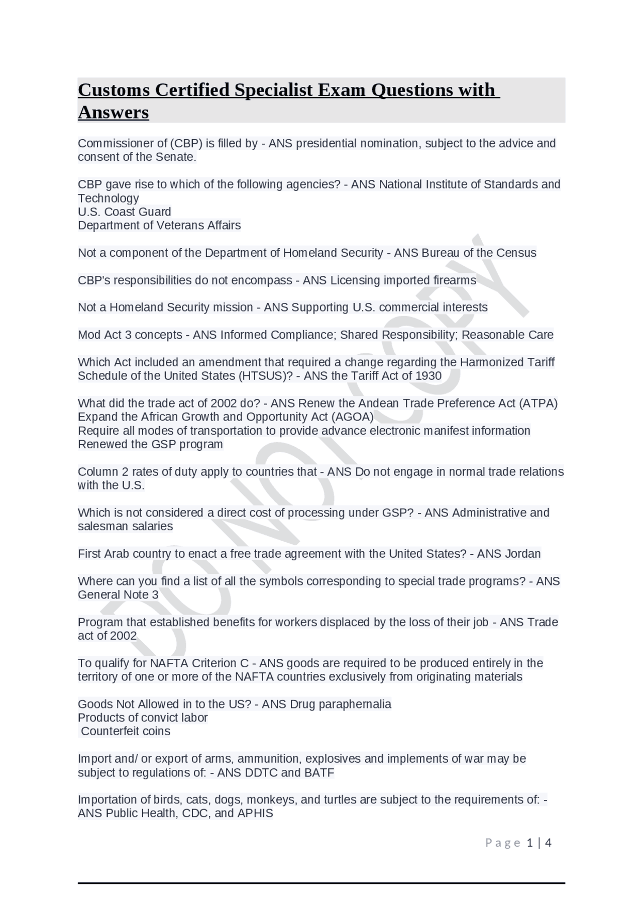 Customs Certified Specialist Exam Questions with Answers | Exams ...