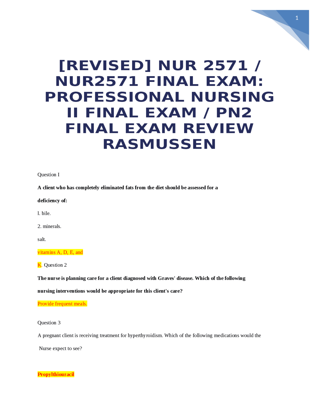 [REVISED] NUR 2571 / NUR2571 FINAL EXAM: PROFESSIONAL NURSING II FINAL ...