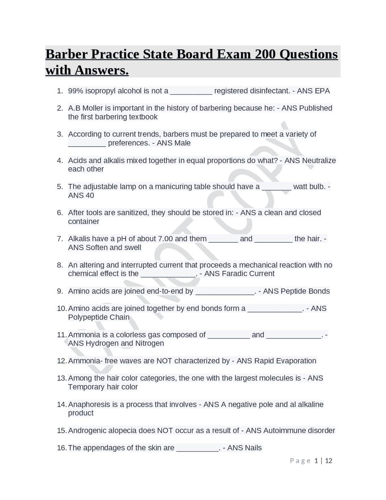 Barber Practice State Board Exam 200 Questions with Answers. | Exams ...