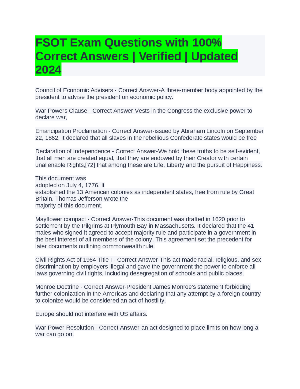 FSOT Exam Questions with 100% Correct Answers | Verified | Updated 2024 ...