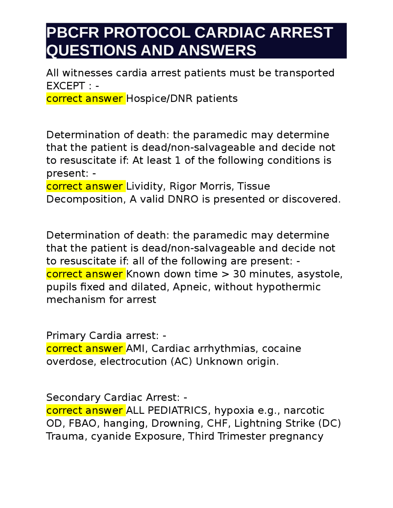 PBCFR Protocol For Cardiac Arrest Questions And Answers Exams PBCFR Protocol For Cardiac Arrest Questions And Answers Exams