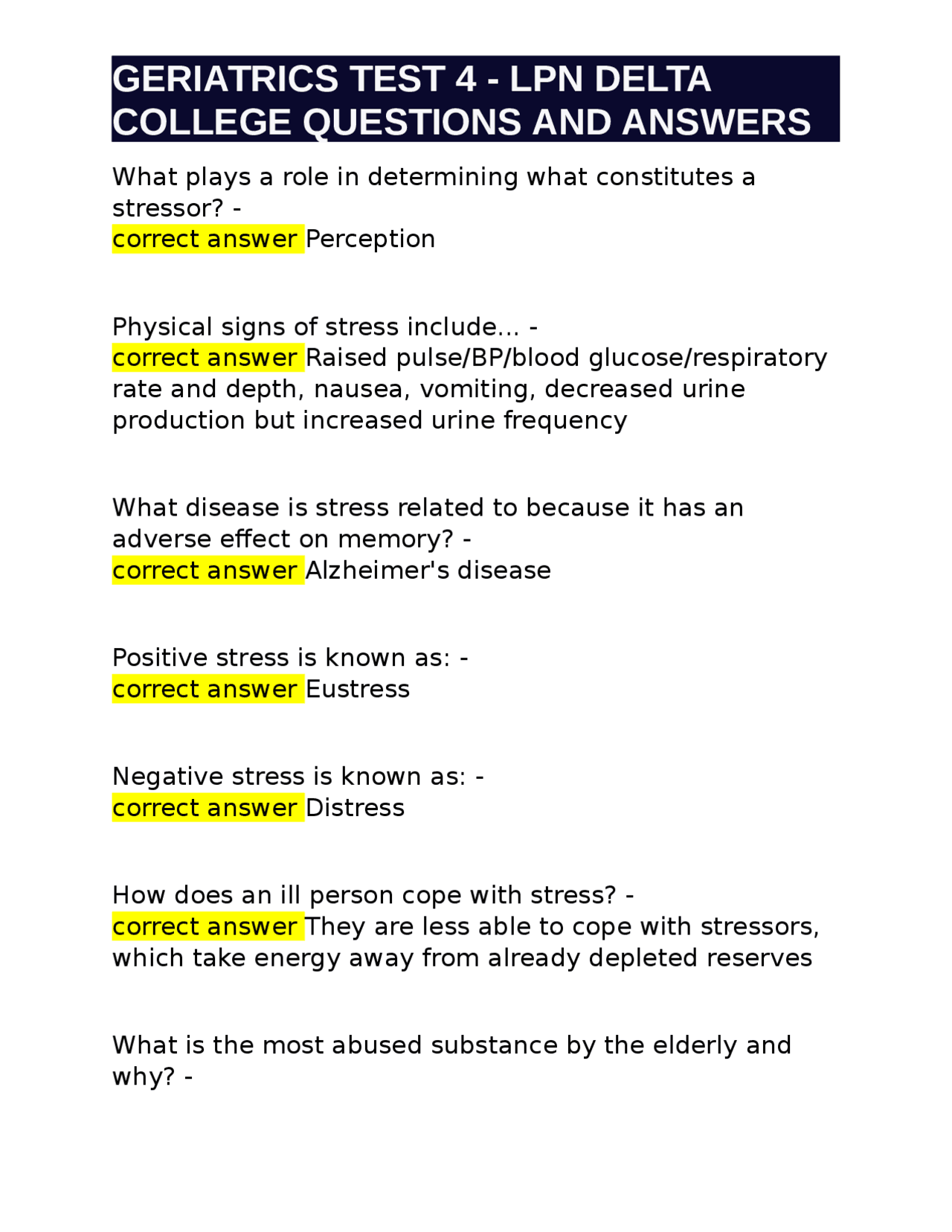 Geriatrics Test 4: LPN Delta - Elderly Stress, Depression, and End-of ...
