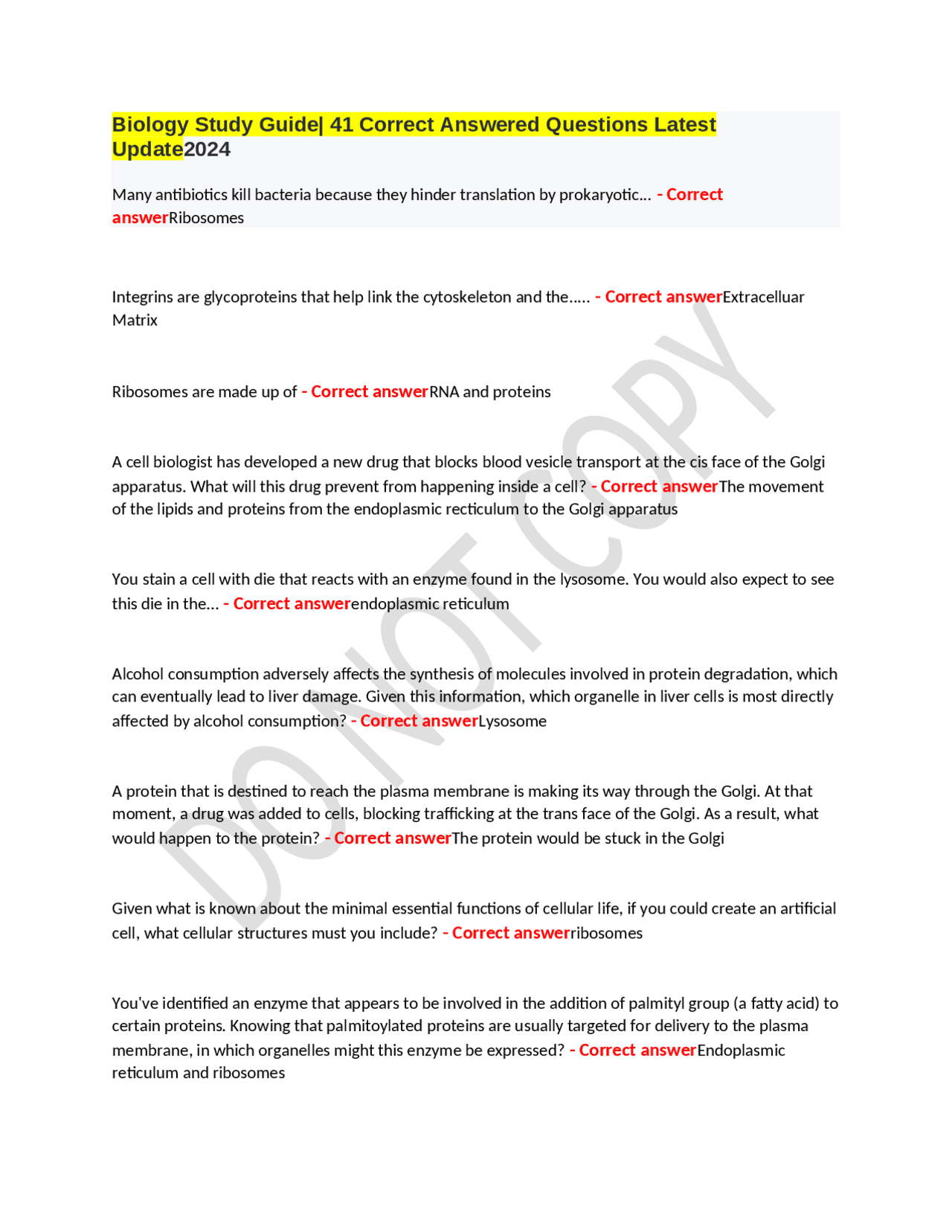 Biology Study Guide with 41 Correct Answered Questions | Exams Biology ...