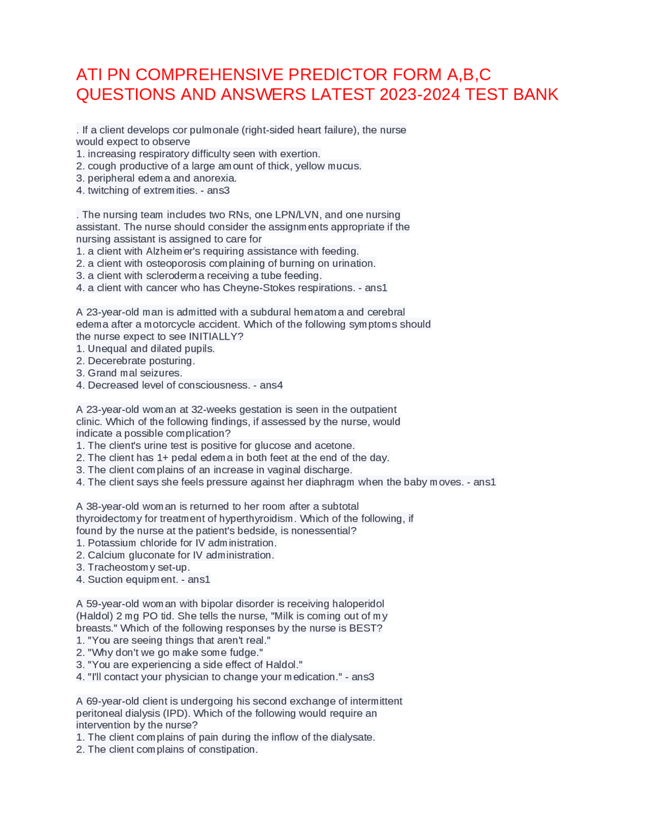 ATI PN COMPREHENSIVE PREDICTOR FORM A,B,C QUESTIONS AND ANSWERS LATEST ...