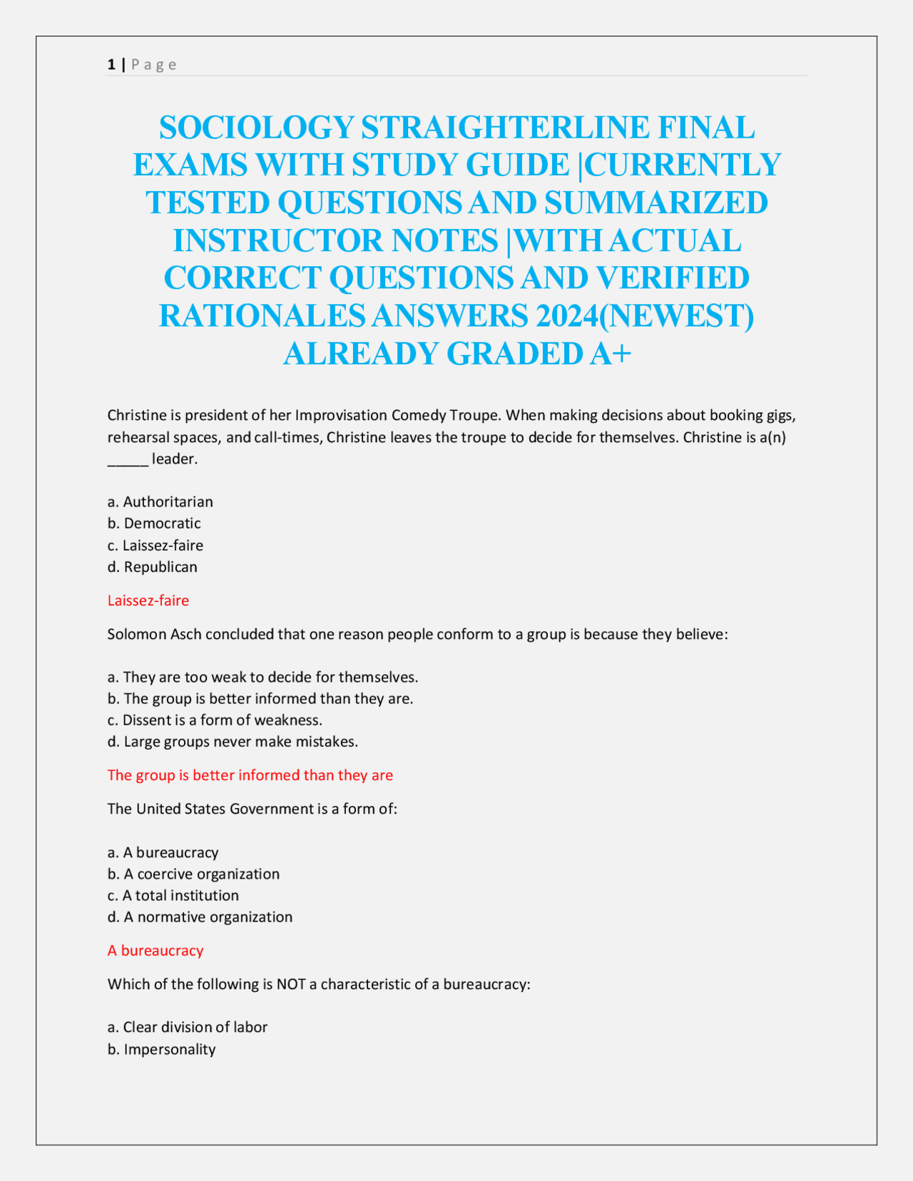 SOCIOLOGY STRAIGHTERLINE FINAL EXAMS WITH STUDY GUIDE |CURRENTLY TESTED ...