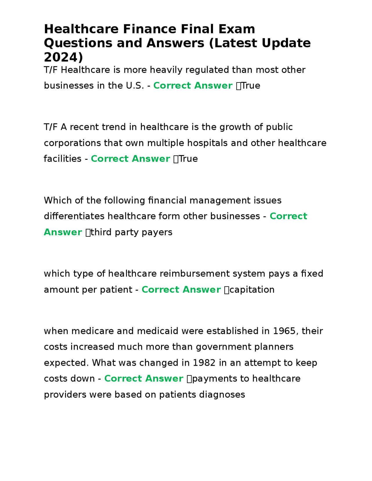 Healthcare Finance Final Exam Questions and Answers (Latest Update 2024 ...