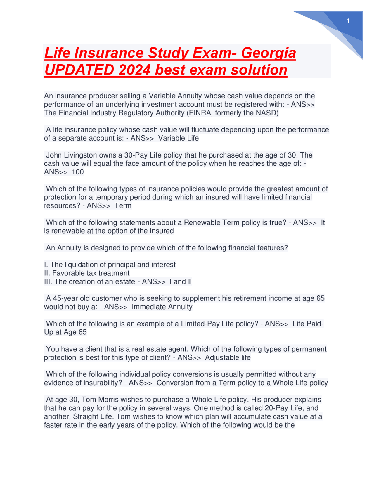 Life Insurance Study Exam- Georgia UPDATED 2024 best exam solution ...