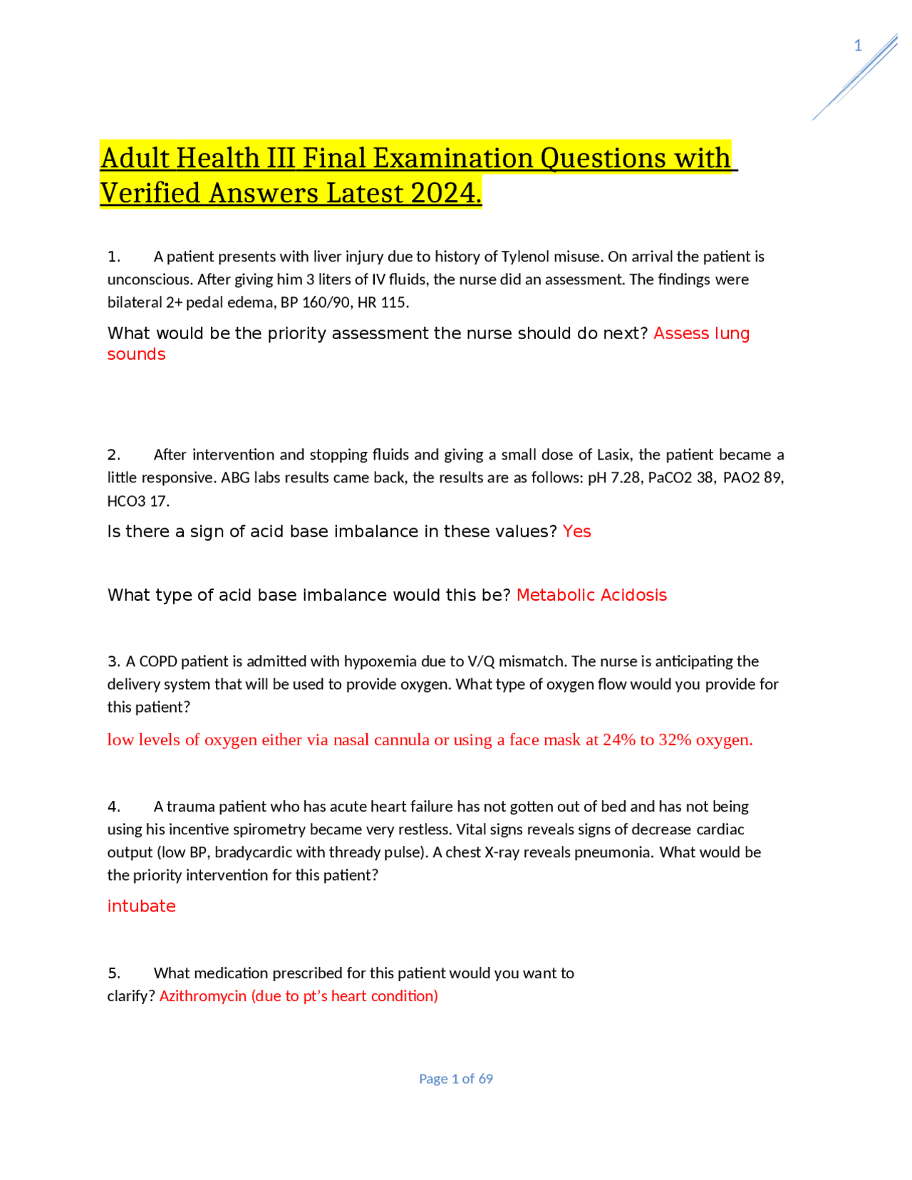 Adult Health III Final Examination Questions with Verified Answers ...