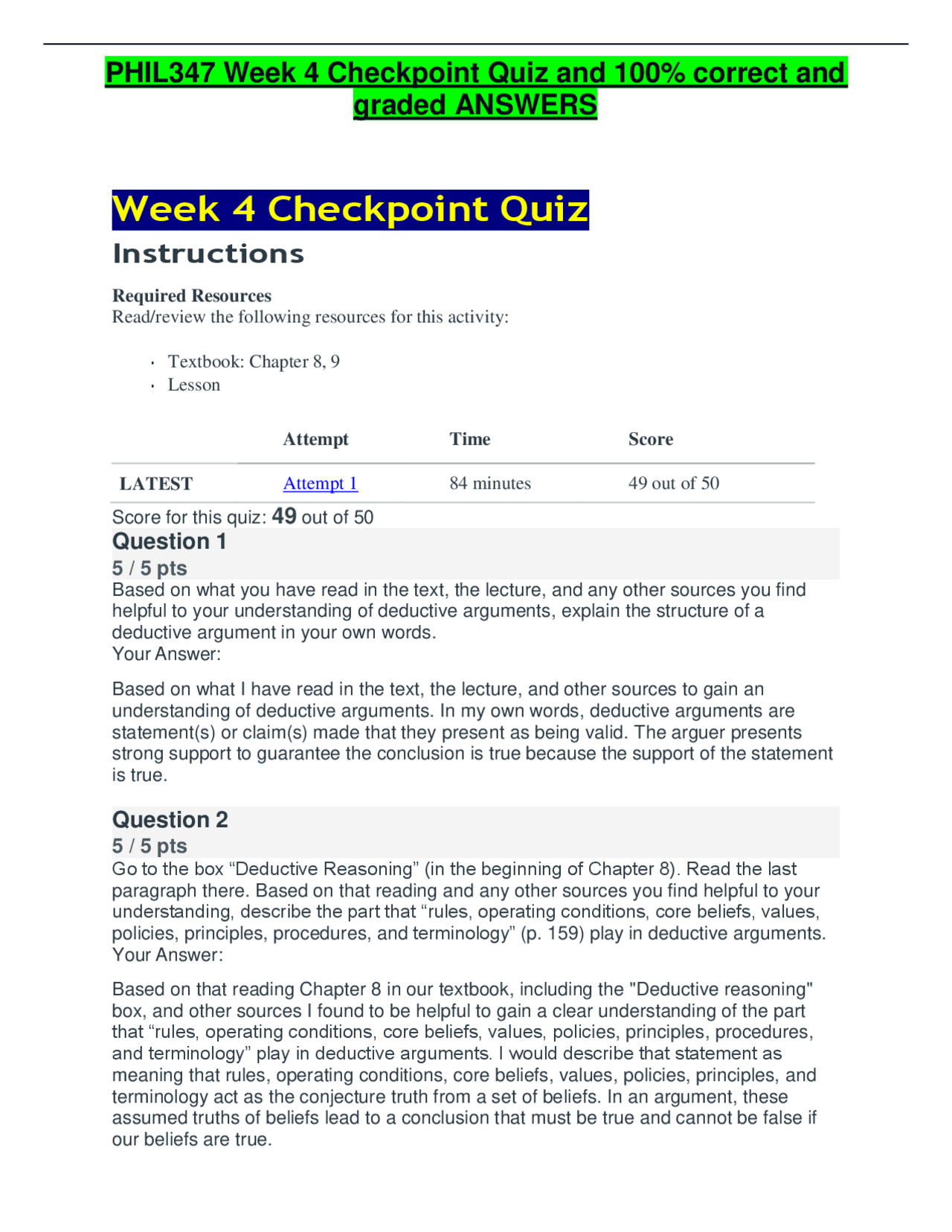 PHIL347 Week 4 Checkpoint Quiz and 100% correct and graded ANSWERS ...