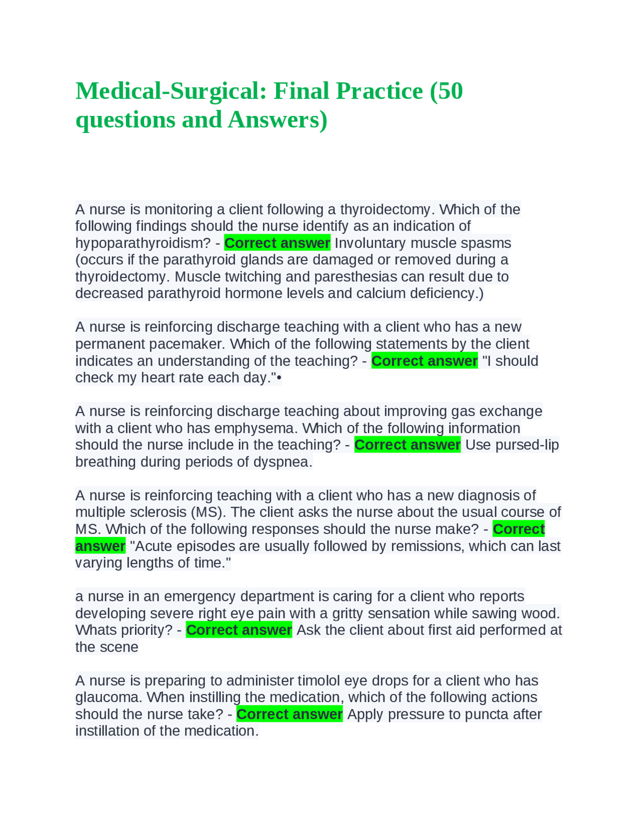 Medical-Surgical: Final Practice (50 questions and Answers) | Exams ...