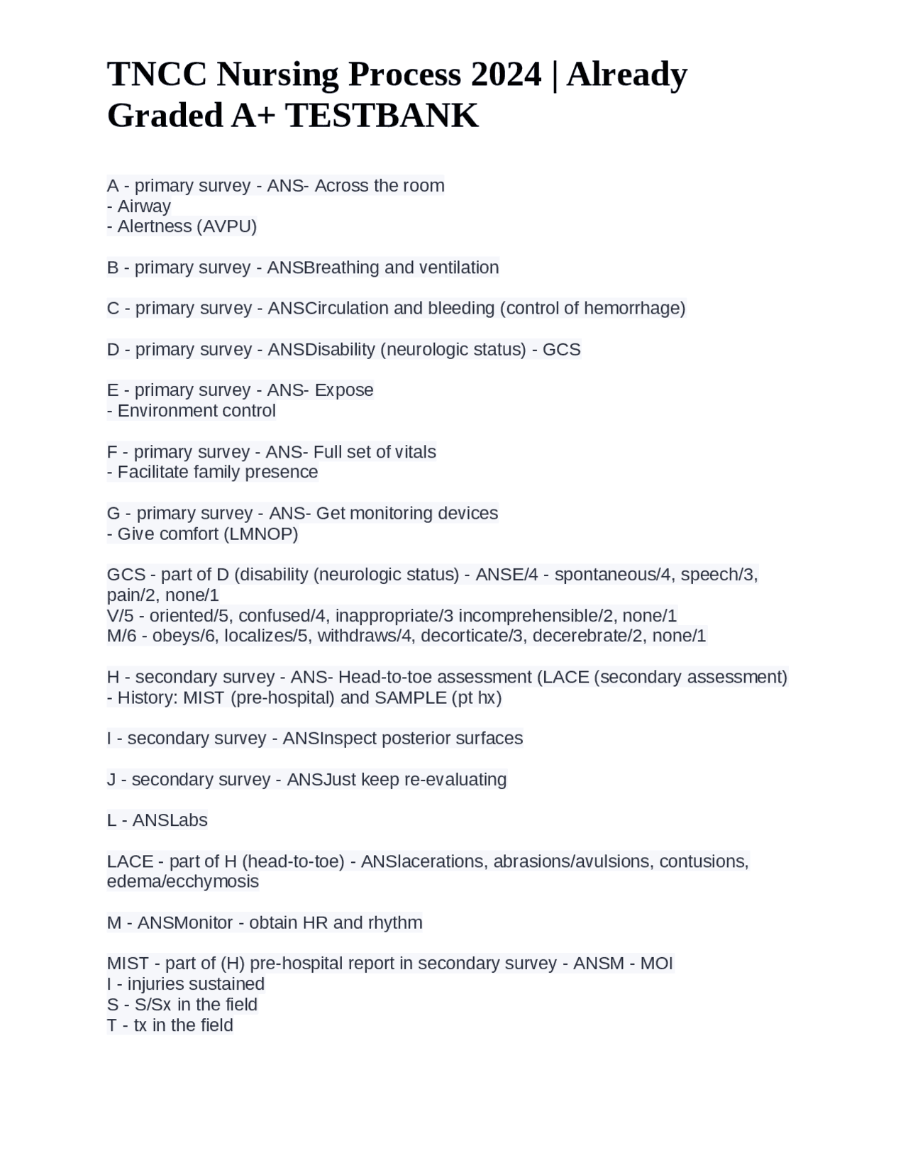 TNCC Nursing Process 2024: A+ Graded Test Bank for Nursing Students ...