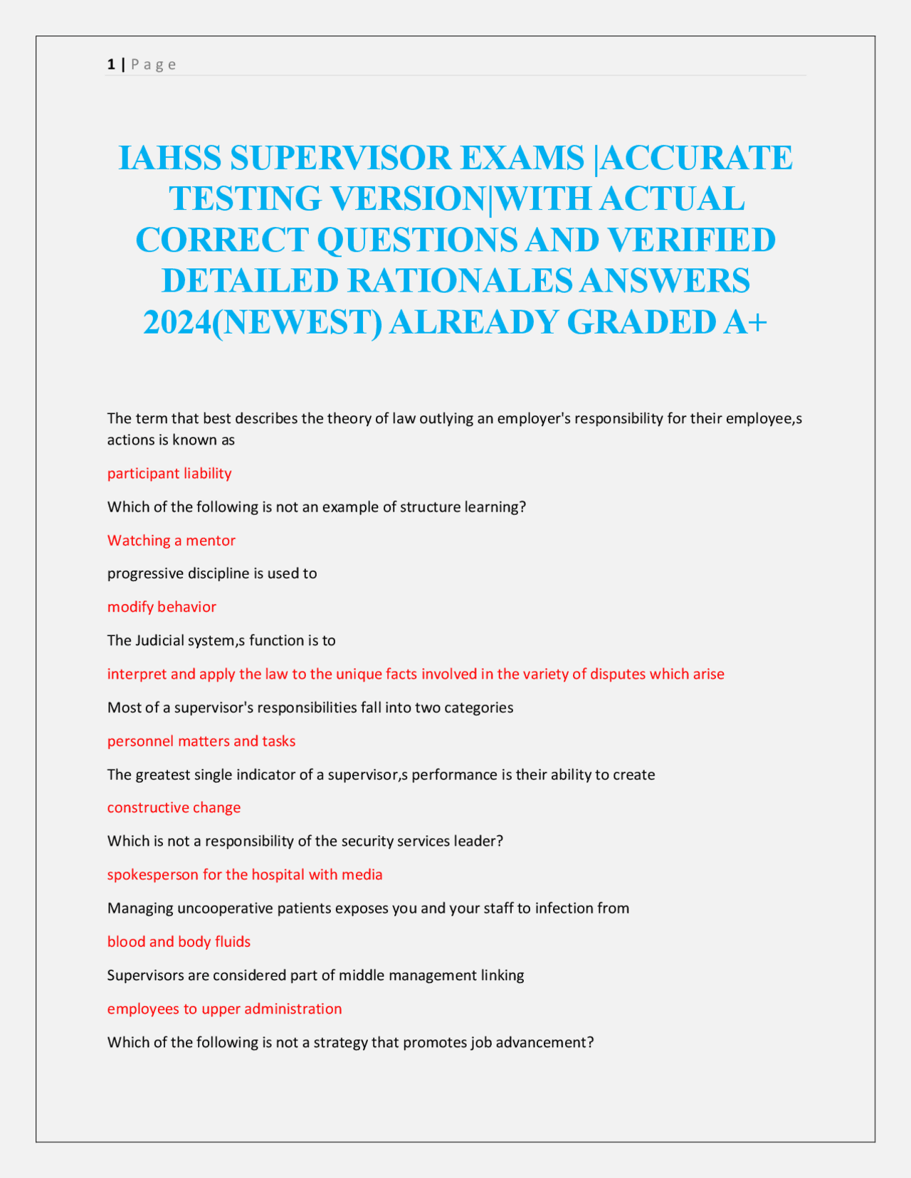 IAHSS SUPERVISOR EXAMS |ACCURATE TESTING VERSION|WITH ACTUAL CORRECT ...
