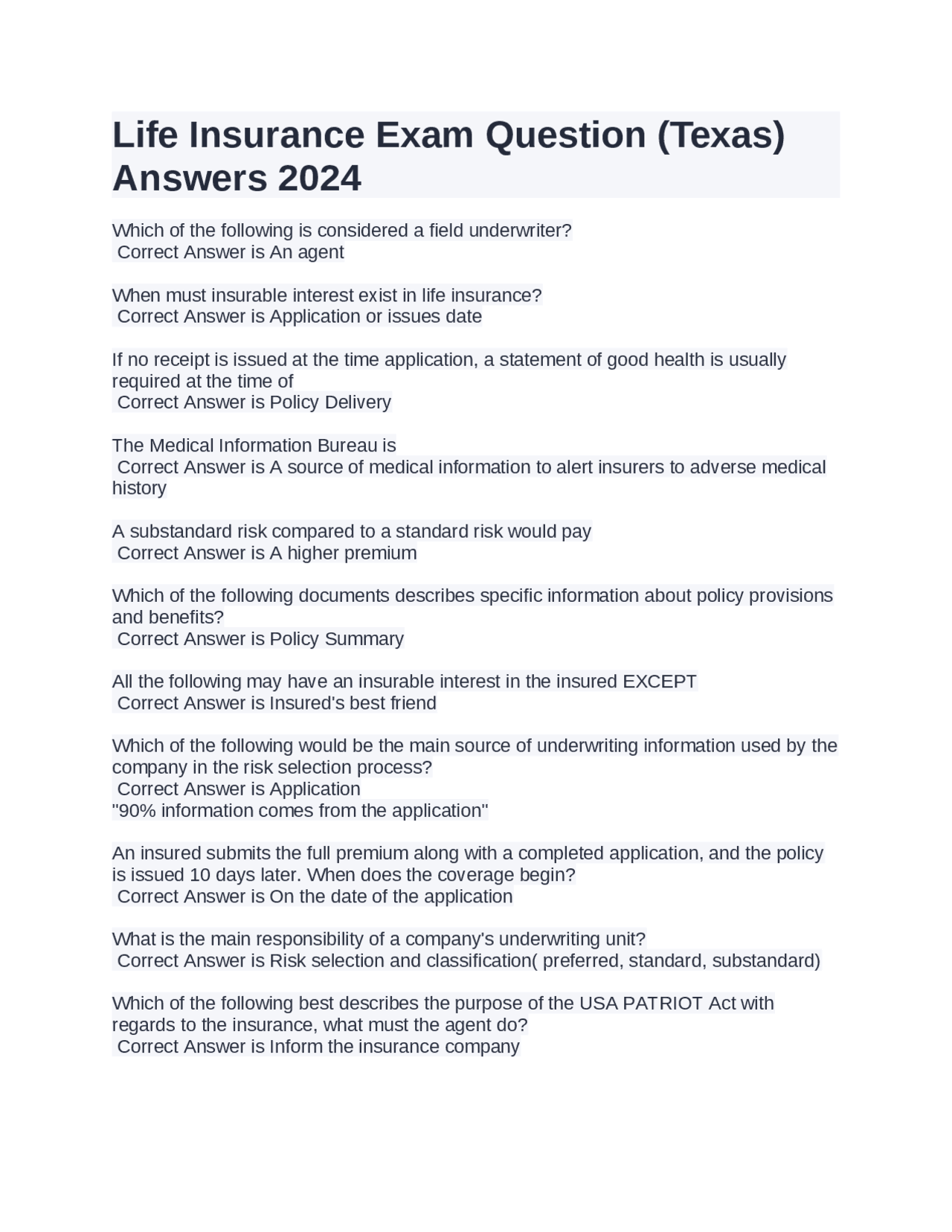 Life Insurance Exam Question (Texas) Answers 2024 | Exams Nursing | Docsity