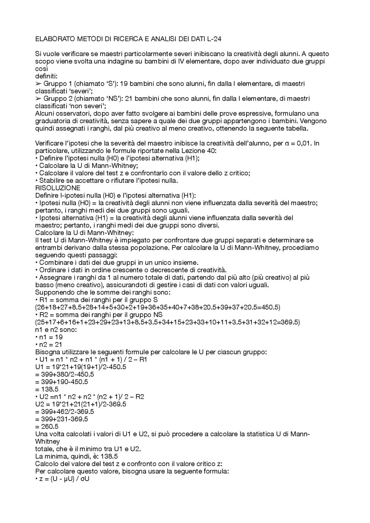 Metodi ELABORATO 2 punti | Esercizi di Metodologia E Tecniche Di Ricerca Sociale | Docsity