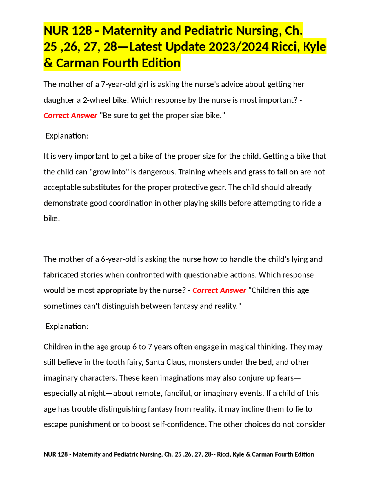 NUR 128 - Maternity and Pediatric Nursing, Ch. 25 ,26, 27, 28—Latest ...