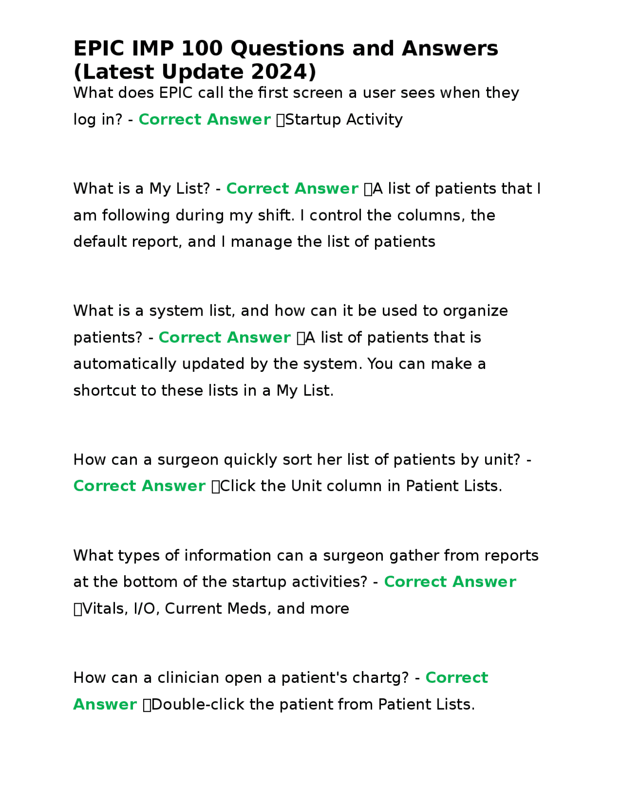 EPIC IMP 100: Questions and Answers for Epic System Users (2024 ...