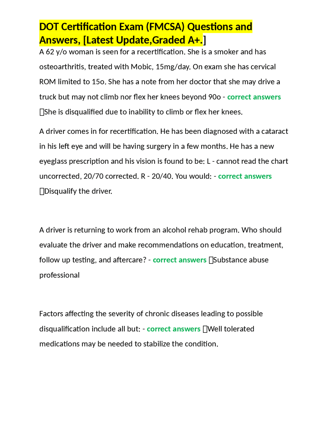 DOT Certification Exam Answers: FMCSA Regulations for Commercial ...