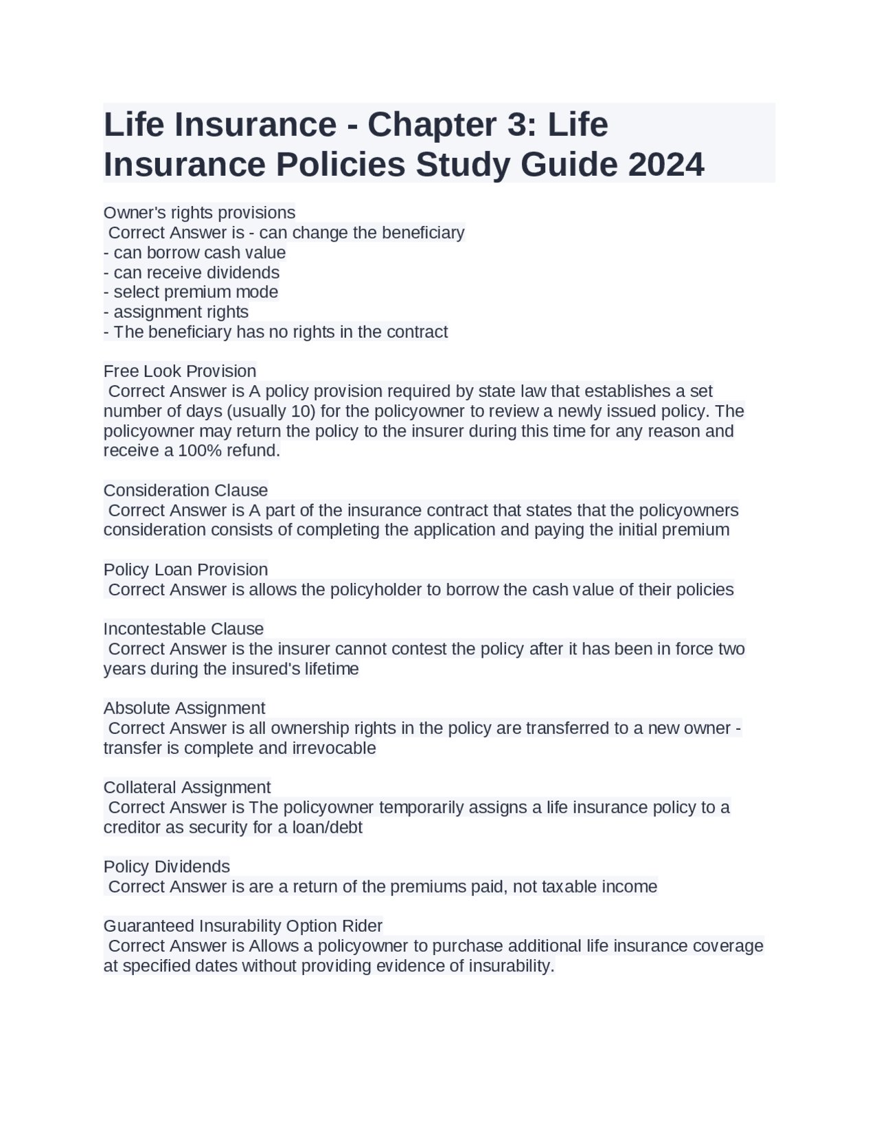 Life Insurance - Chapter 3: Life Insurance Policies Study Guide 2024 ...