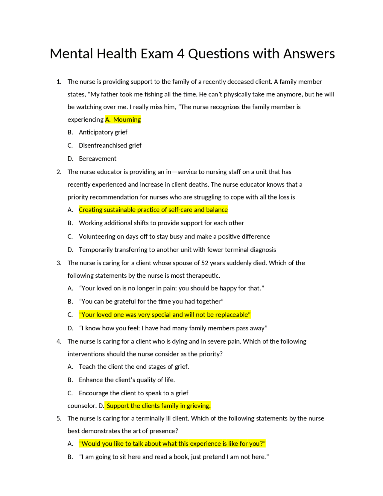 Mental Health Exam 4 Questions with Answers | Exams Nursing | Docsity