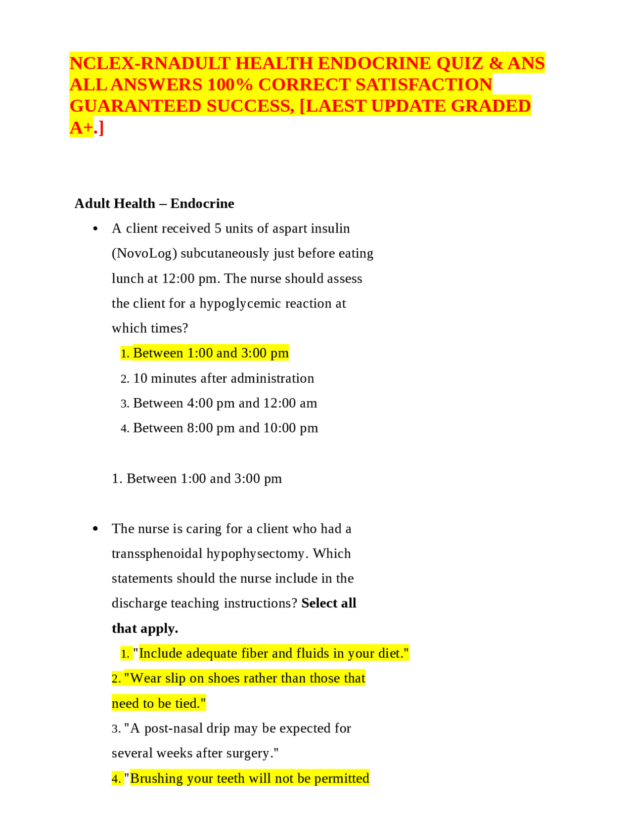 Diabetes Mellitus and Endocrine Disorders: NCLEX-RN Quiz Questions and ...