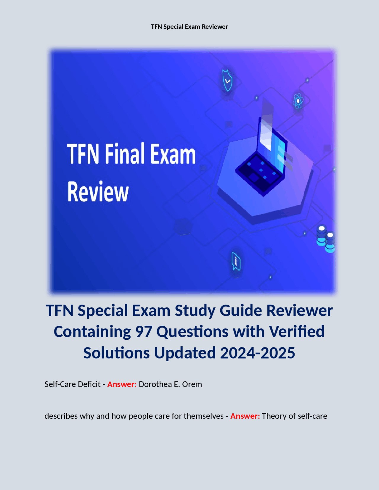 TFN Special Exam Reviewer: Self-Care and Nursing Theory | Exams Nursing ...