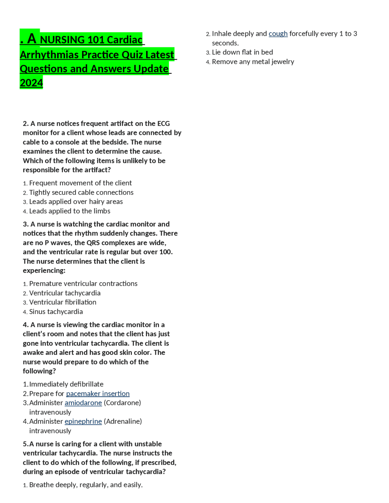 . A NURSING 101 Cardiac Arrhythmias Practice Quiz Latest Questions and ...