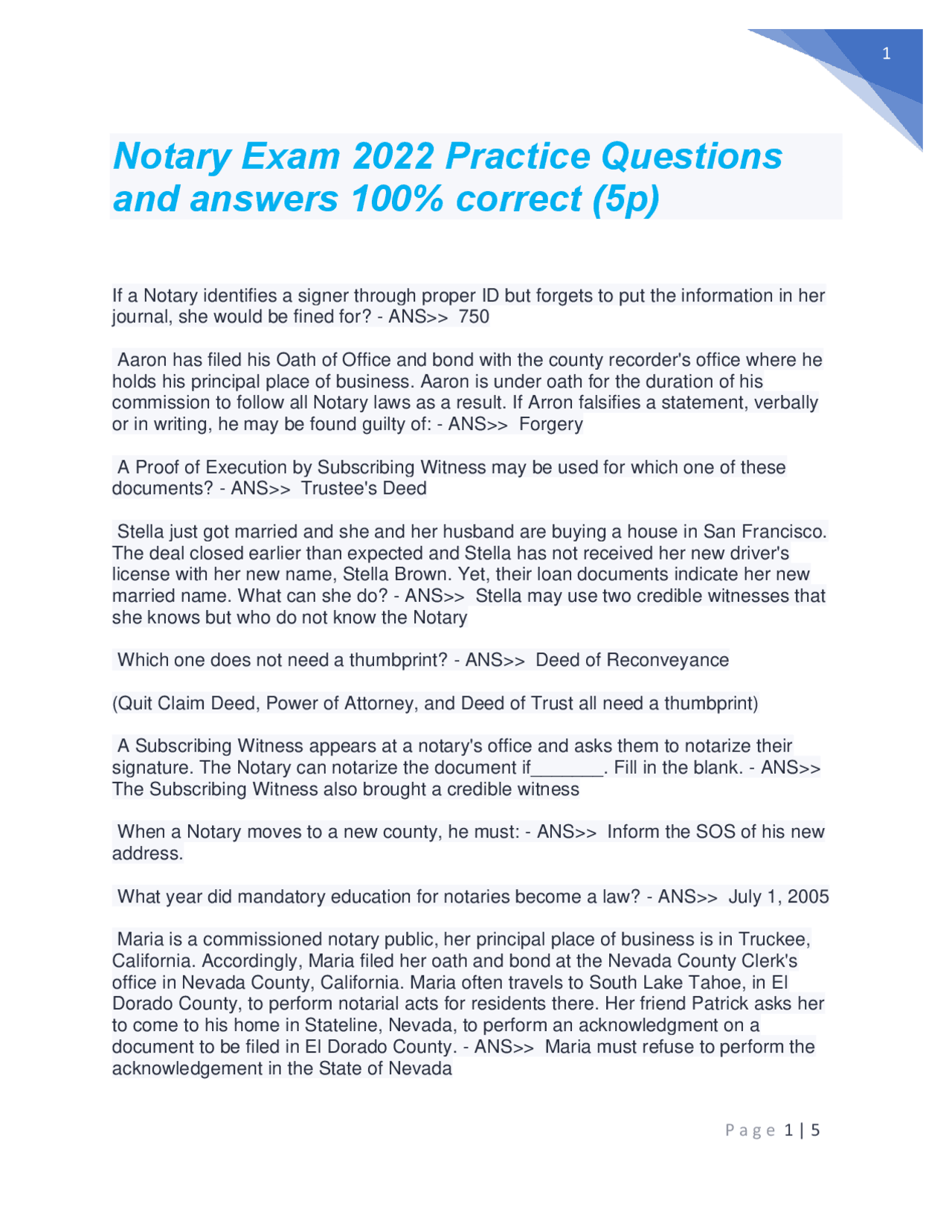 Notary Exam Practice Questions and Answers | Exams Law | Docsity