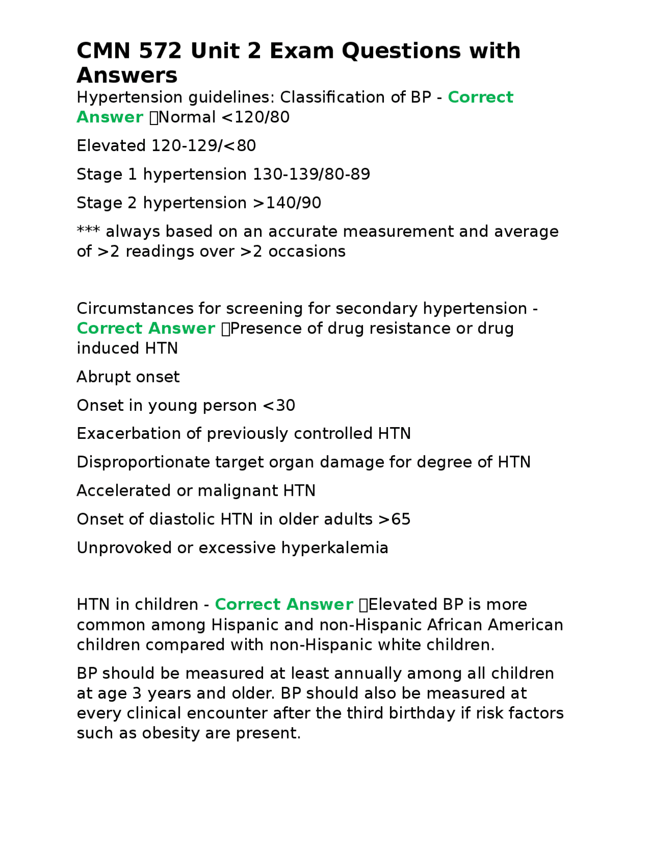 CMN 572 Unit 2 Exam Questions with Answers | Exams Nursing | Docsity
