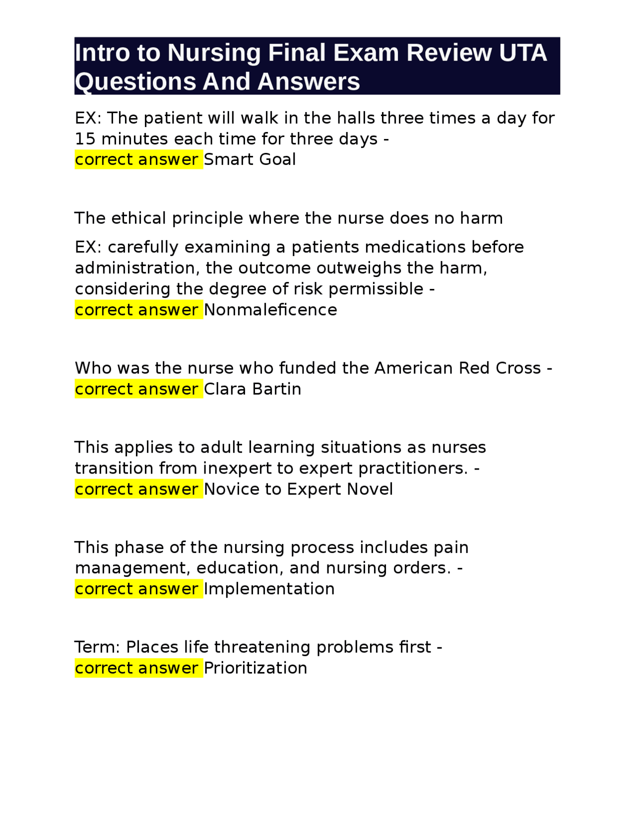 Intro to Nursing Final Exam Review UTA Questions And Answers | Exams ...