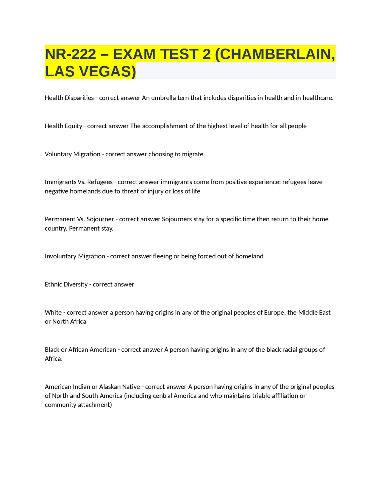 NR222 - Health and Wellness EXAM TEST 2 (CHAMBERLAIN, LAS VEGAS ...
