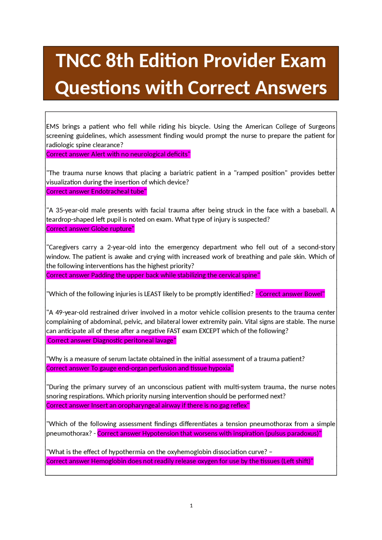 TNCC 8th Edition Provider Exam: Questions and Answers for Trauma ...