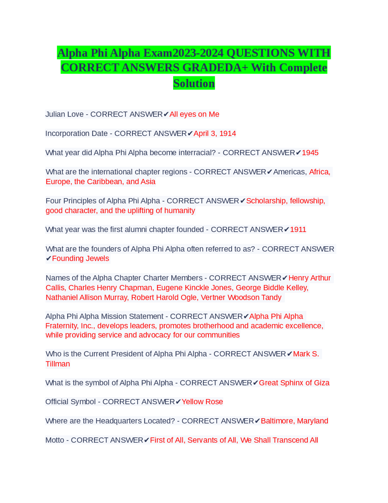 Alpha Phi Alpha Fraternity Exam Questions and Answers | Exams Nursing ...