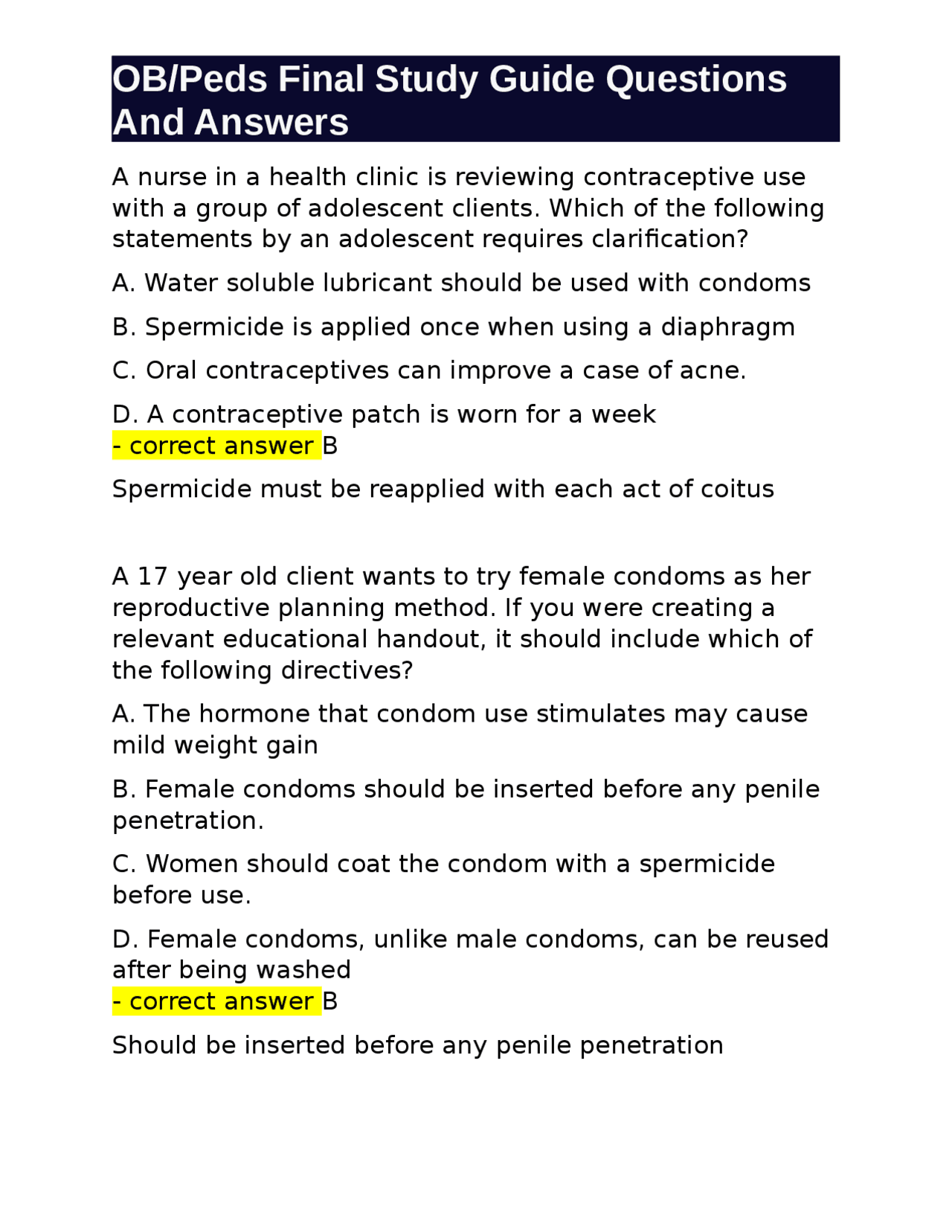 OB/Peds Final Study Guide Questions And Answers | Exams Obstetrics ...