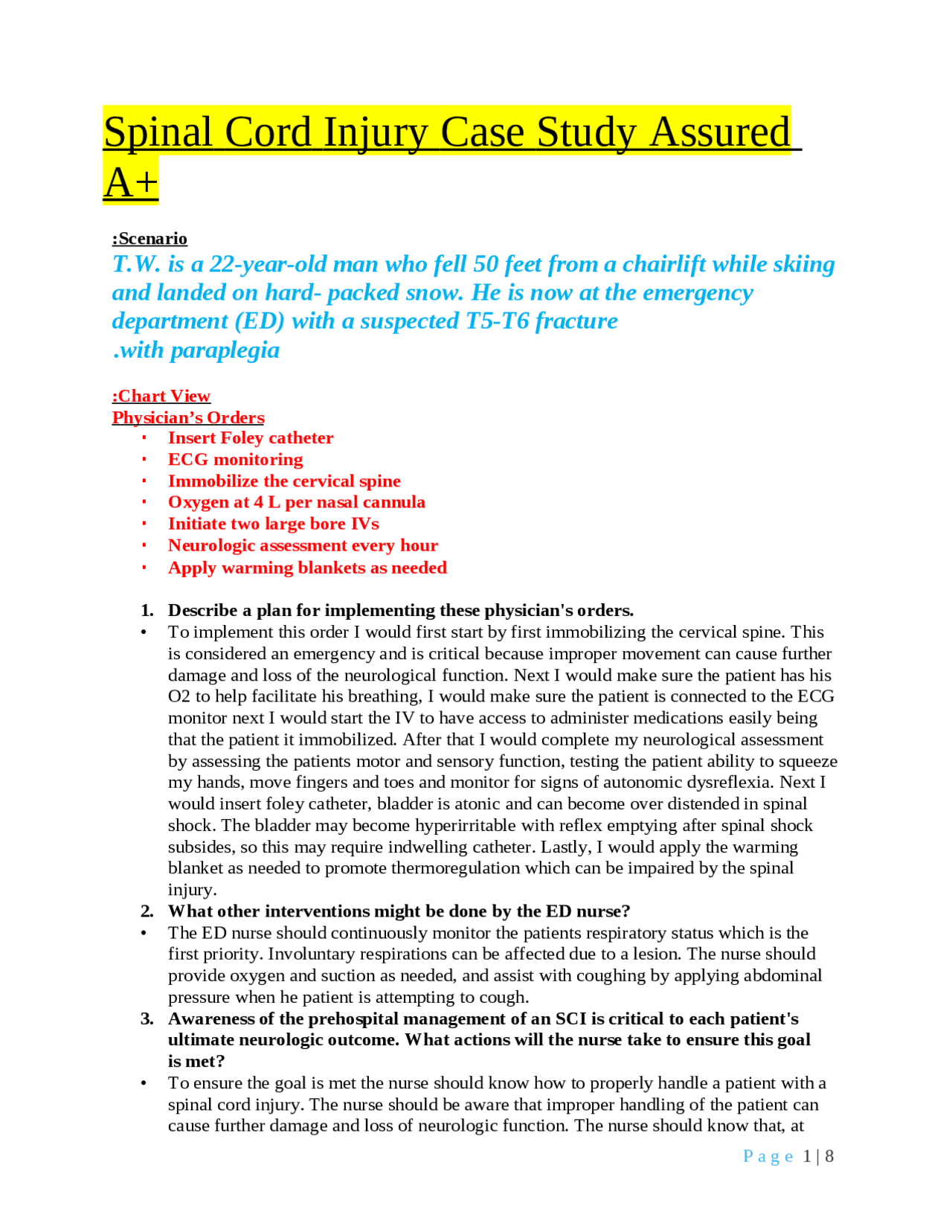 Spinal Cord Injury Case Study Assured A+ | Exams Nursing | Docsity
