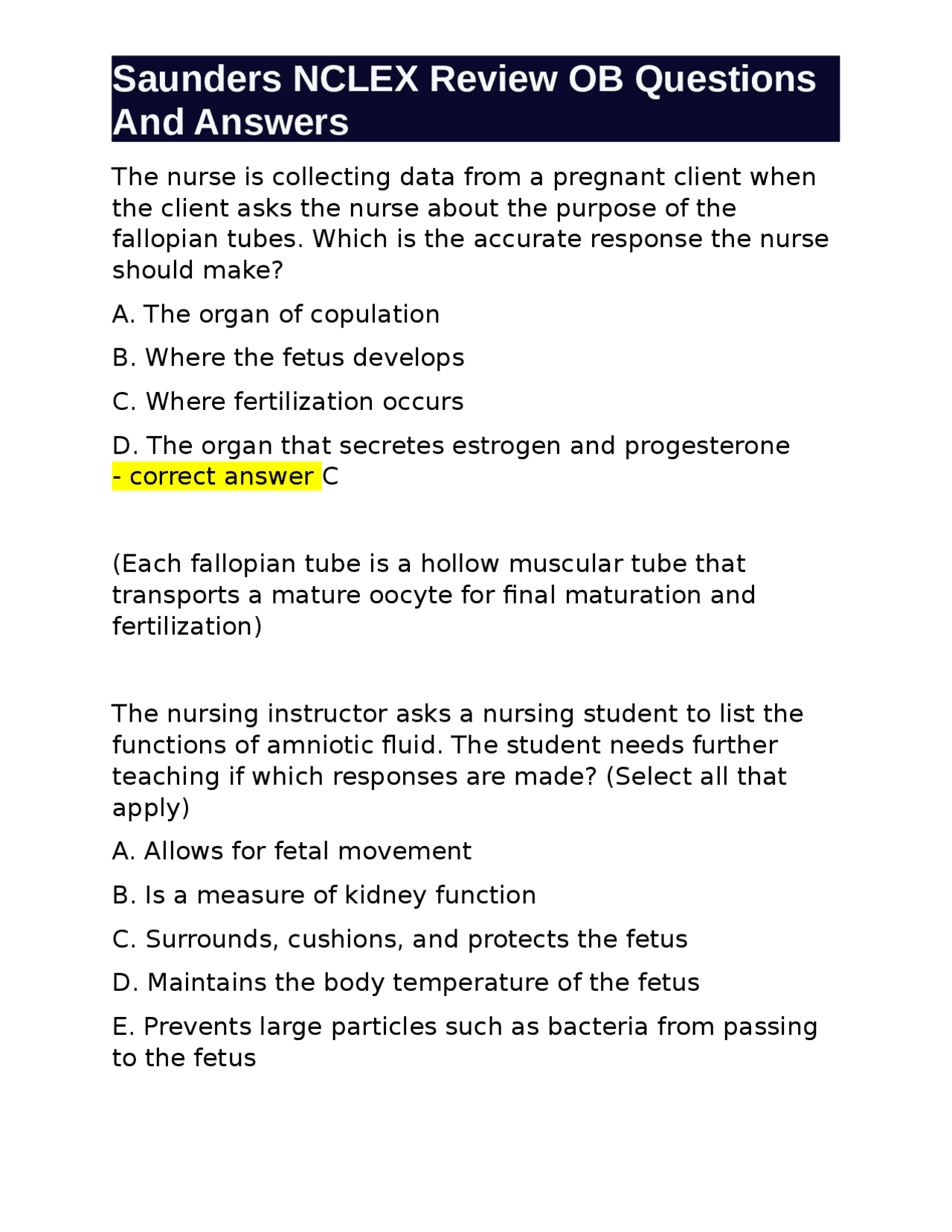 Saunders NCLEX Review OB Questions And Answers | Exams Obstetrics | Docsity