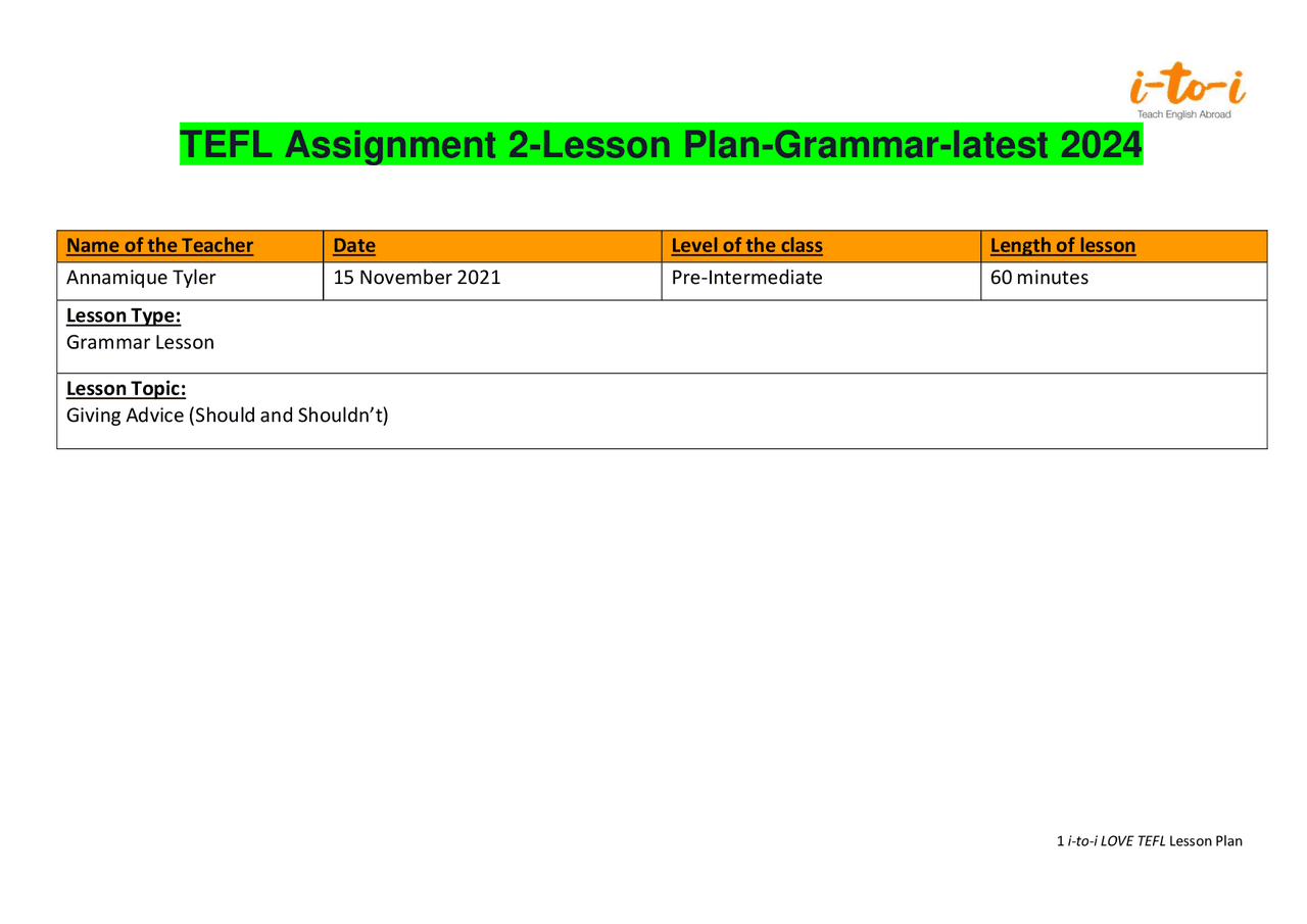 TEFL Assignment 2-Lesson Plan-Grammar-latest 2024.pdf | Exams Advanced ...