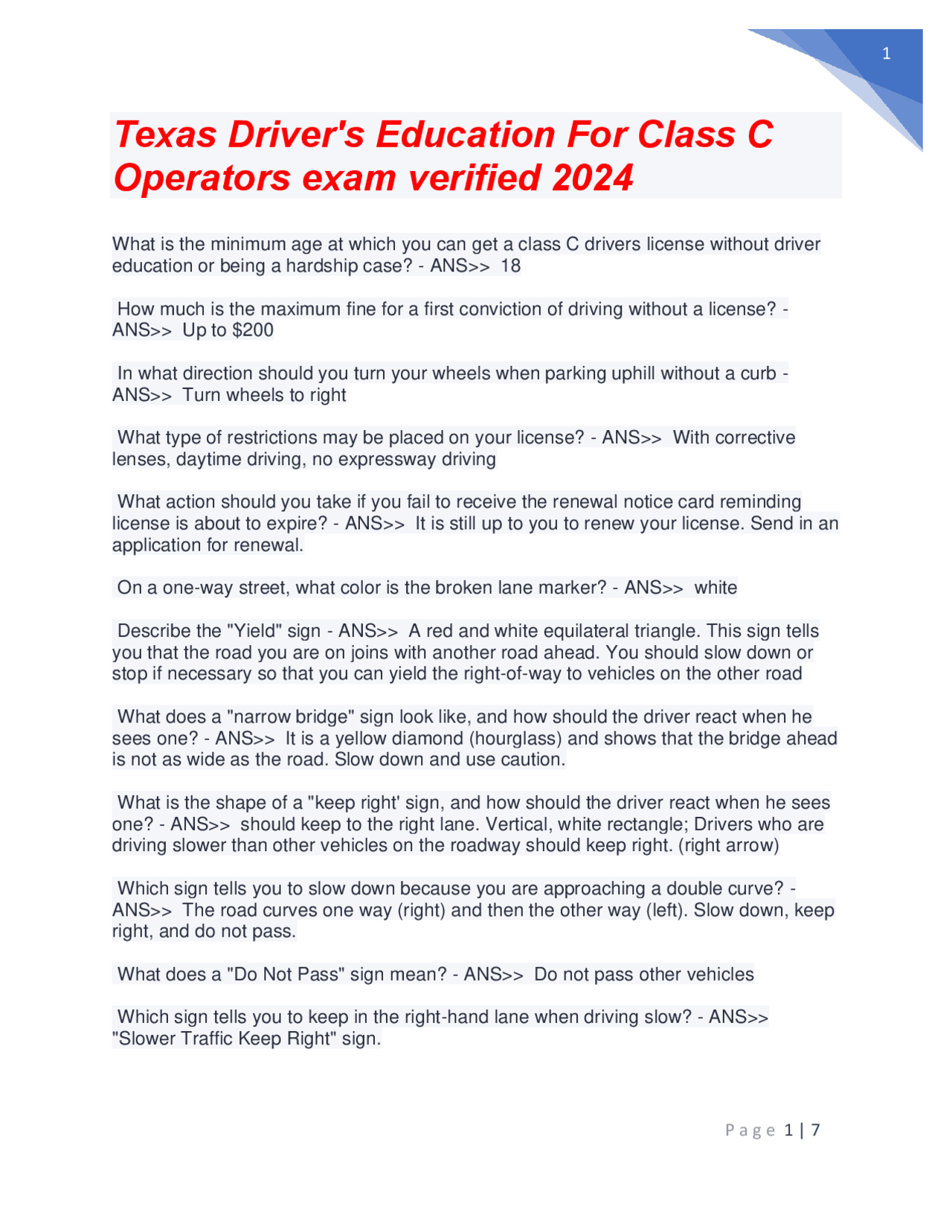 Texas Driver's Education: Class C Operator Exam Questions and Answers ...